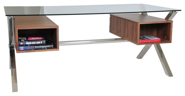 Pangea Home Beverly Large Modern Tempered Glass & Wood Veneer Desk in ...