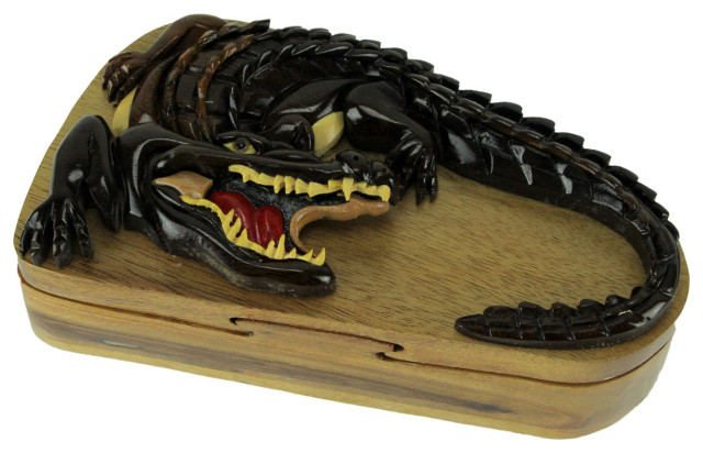 Hand Carved Wooden Snapping Alligator Trinket Puzzle Box, One Size ...