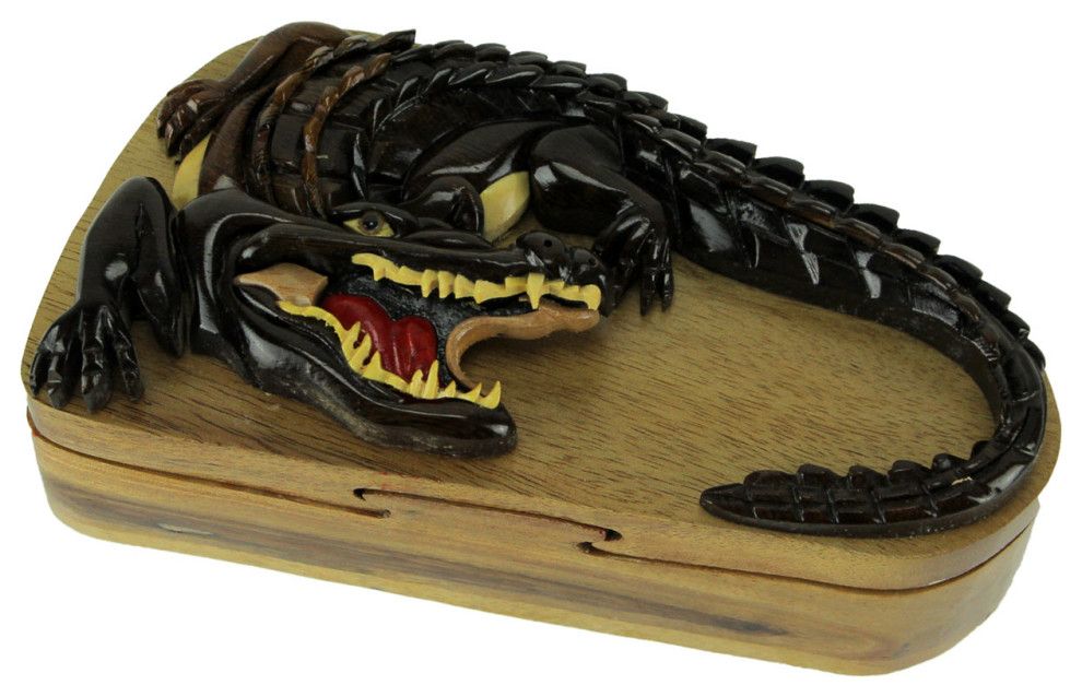 Hand Carved Wooden Snapping Alligator Trinket Puzzle Box, One Size ...