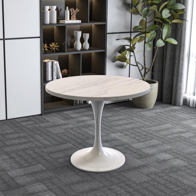 36 Round Dining Table, White Base with Laminated White Marbleized Top ...