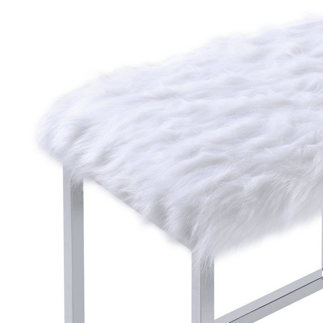 ACME Adao Vanity Mirror and Stool, Faux Fur, Mirror, White and Chrome ...