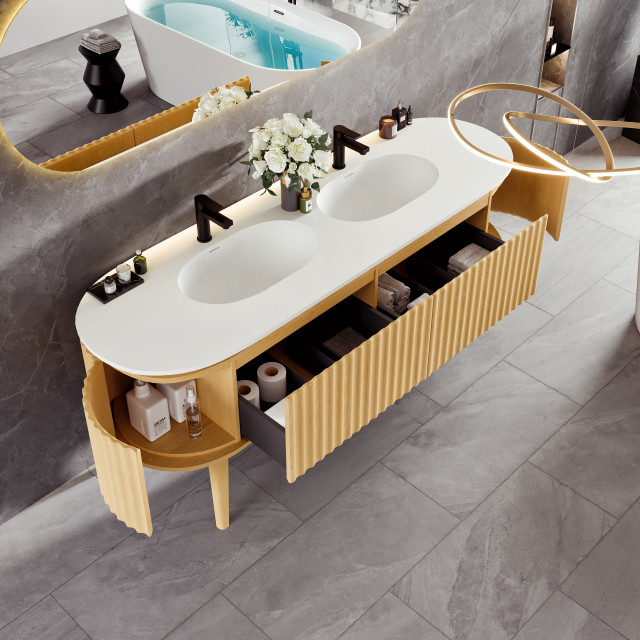 Eviva Haven 71" Oak Freestanding Vanity With White Solid Surface ...