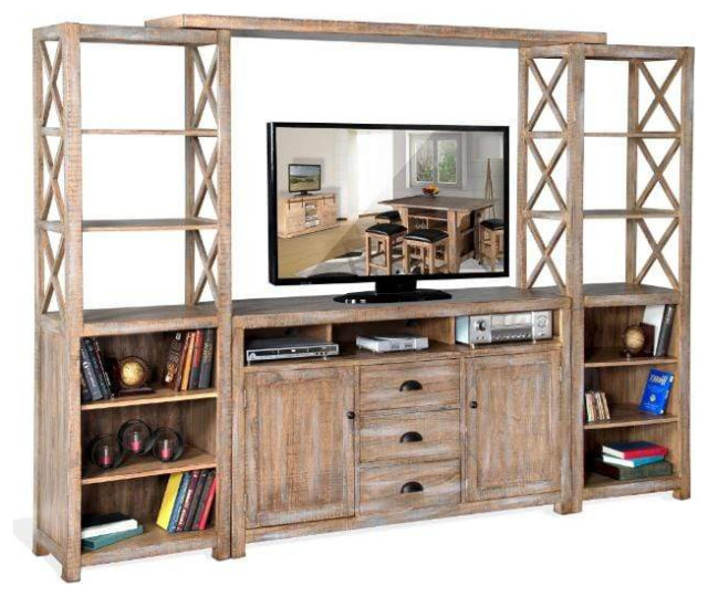 114" Entertainment Wall Unit TV Stand Media Console Weathered Farmhouse ...