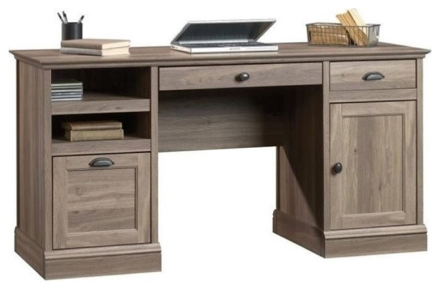 Bowery Hill Wood Executive Desk with File Drawer in Salt Oak ...
