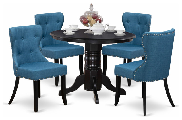 A Dining Set Of 2 Chairs, Mineral Blue Color, 42" Antique Pedestal ...