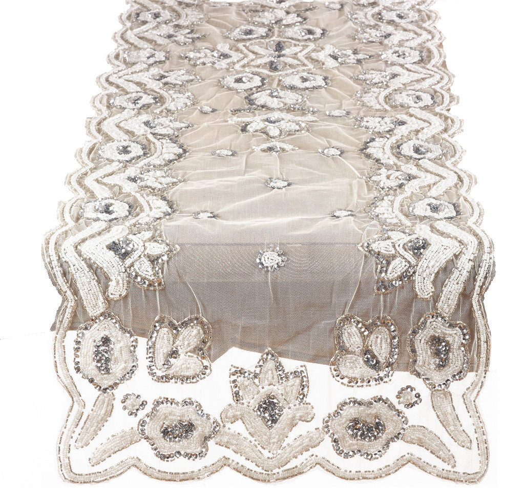 Hand-Beaded Floral Table Runner, 16"x72" - Traditional - Table Runners ...