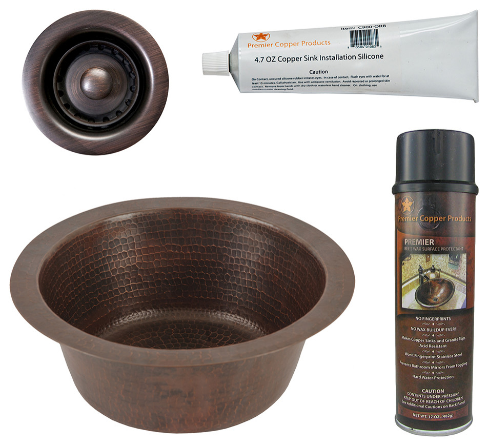 12" Round Hammered Copper Bar Sink, 2" Drain Opening, Drain ...
