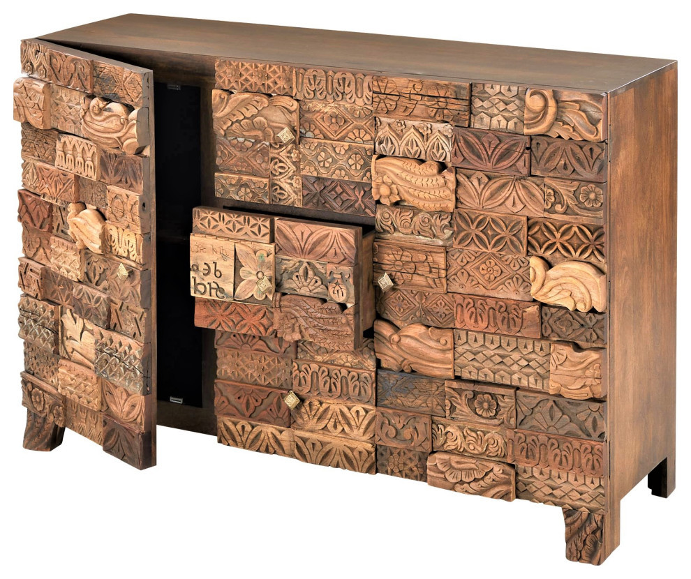 60" Rustic Farmhouse Hand Carved Stacked Blocks Sideboard With 3 ...
