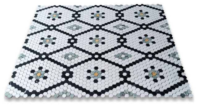 Thassos White Marble Hexagon Snowflake Mosaic Tile Black Green Gold, 1 ...