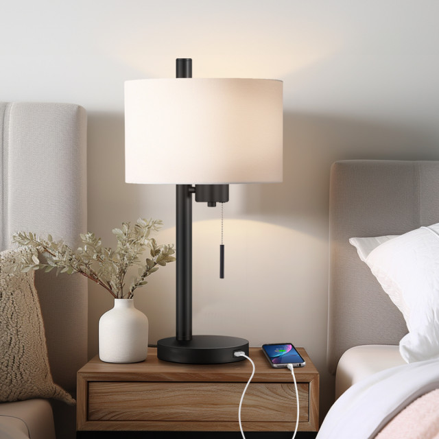 23-in Black Modern Table Lamp With USB Port and White Linen Shade ...