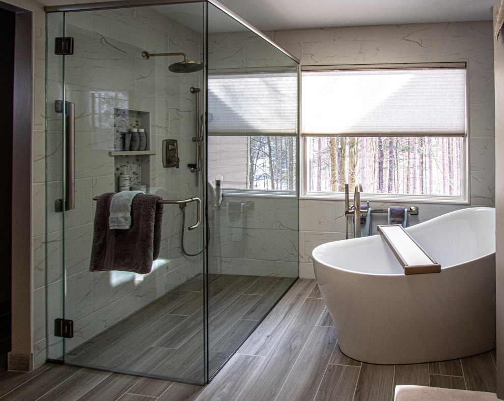 Siteline White Vanity, Barrier Free Walk-in Shower and Free Standing ...