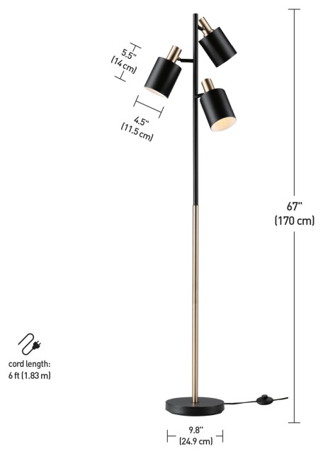 Novogratz x Globe 67" 3-Light Matte Black Track Tree Lamp, Matte Brass ...