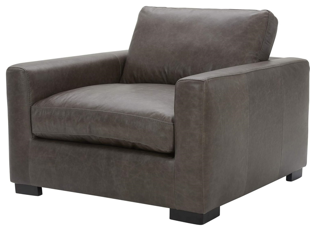 Inviting Dark Grey Leather Accent Chair, Extra Deep Down-Filled Comfort ...