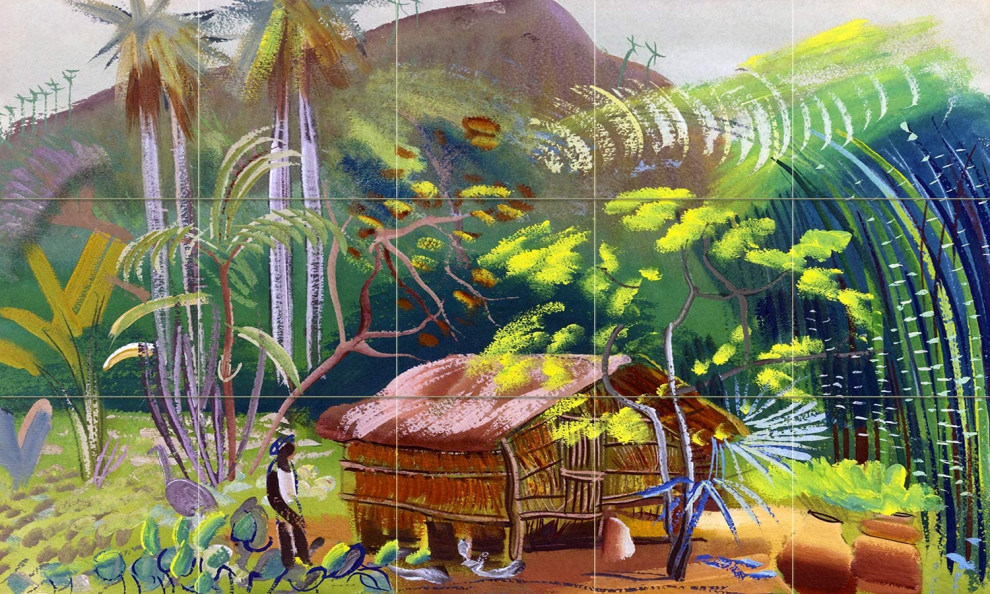 Tile Mural NATIVE HUT BRAZIL trees Kitchen Backsplash, 4.25" Ceramic ...