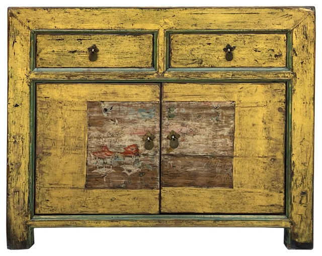 Chinese Distressed Yellow Graphic Sideboard Console Credenza Cabinet ...