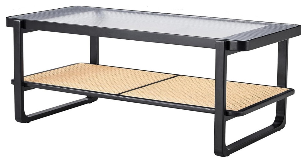 Coffee Table, Rectangular Design With Rattan Shelf & Fluted Glass Top ...