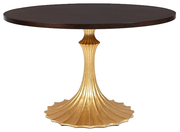 Flute Dining Table, 48" Round Walnut Wood Top with Gold Leaf Base ...
