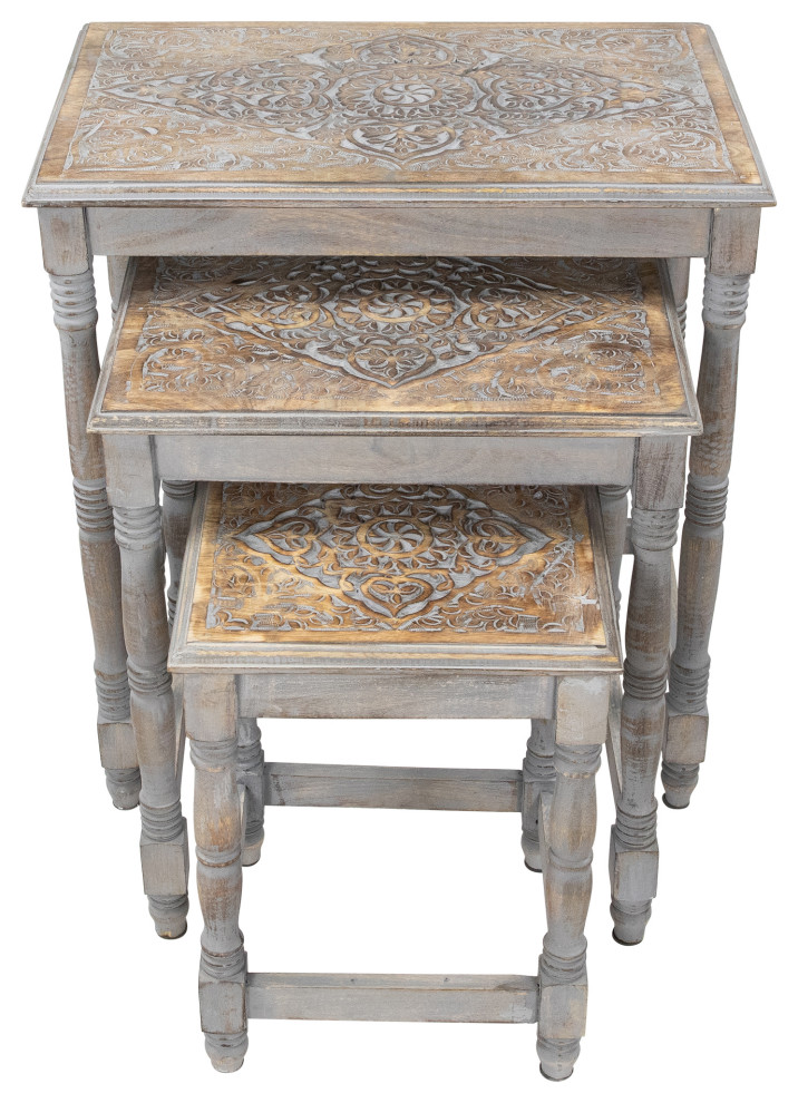 Set of 3 Matte Gray Etched Stackable Nesting Side Tables 24" - French ...