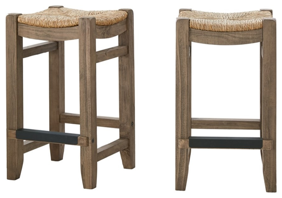 Newport Set of Two 26"H Brown Wood Counter Height Stools with Rush ...