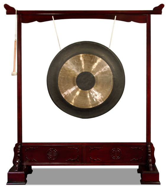 Chinese Brass Gong with Cherry Finish Longevity Motif Rosewood Stand ...
