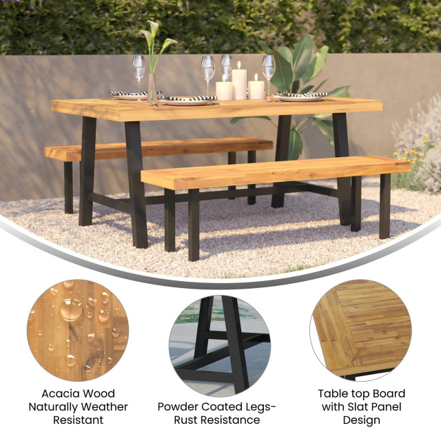 NAT/BK Acacia Wood Patio Table - Industrial - Outdoor Dining Tables ...