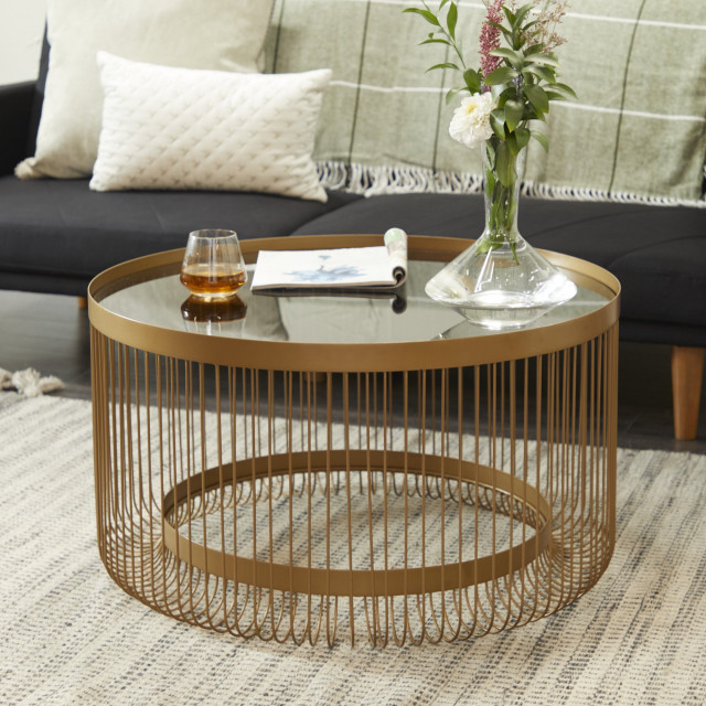 Contemporary Gold Metal Coffee Table with Clear Glass Top, Unique Wire ...