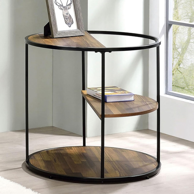 Modern End Table, Round Design With Metal Frame & 2 Staggered Semi ...