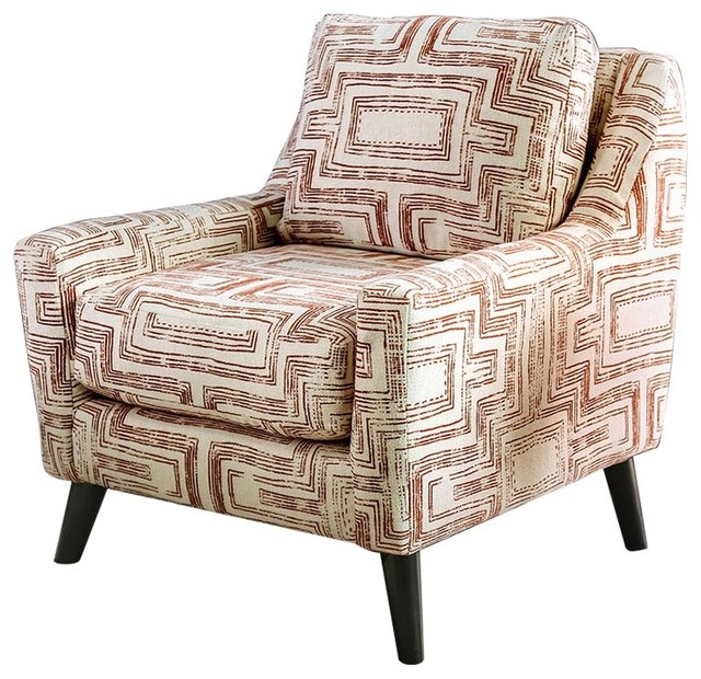 Printed Geo Patterned Sofa Arm Chair With Tapered Wooden Legs, Red and ...