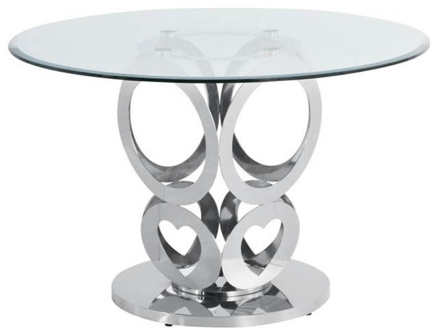 Maklaine Round 48" x 48" Clear Glass Dining Table w/ Silver Stainless ...