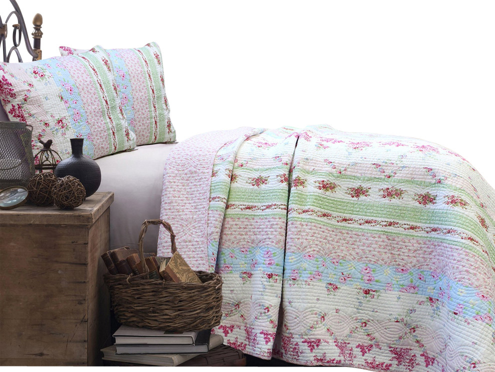 Blooming Spring Floral Reversible 100%Cotton Quilt Set, Full/Queen Set ...