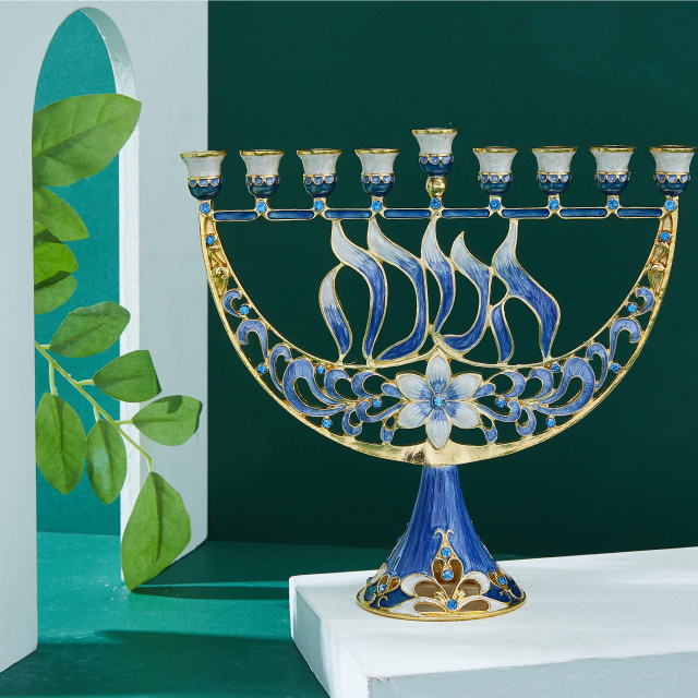Matashi Hand Painted Enamel Menorah Candelabra With a Flower and ...