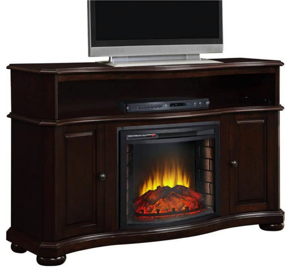 Classic Merlot TV Console with Fireplace, Bun Feet, and Curved Accents ...