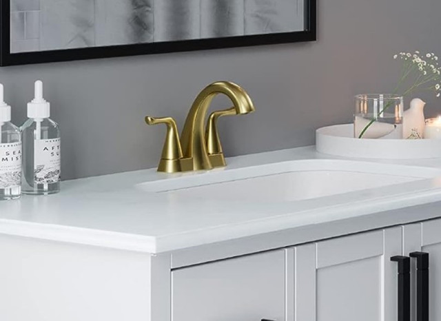 Elegant Bathroom Faucet, Centerset Design With 2 Lever Handles, Brushed ...