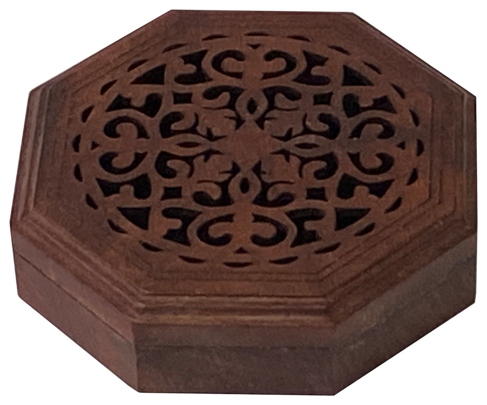 Small Brown Wood Octagonal Carving Storage Accent Box Hws2629 ...