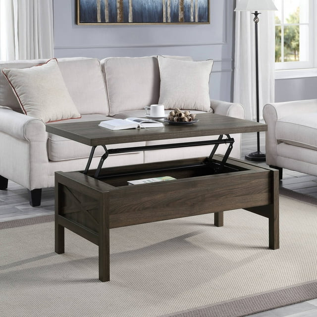 Walnut Rectangular Lift-Top Coffee Table with Side X-Accents and Inner ...