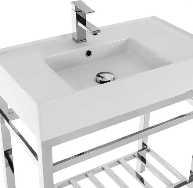 Modern Ceramic Console Sink With Counter Space and Chrome Base ...