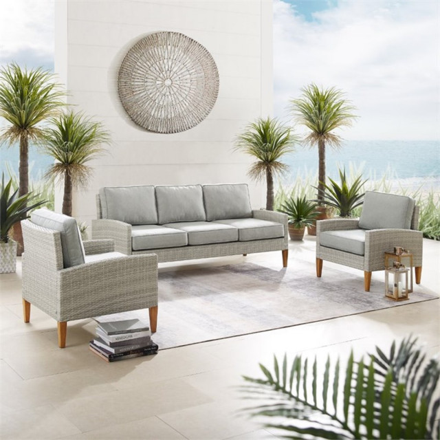 Crosley Furniture Capella 3 Piece Outdoor Wicker / Rattan Sofa Set in Gray/Acorn - Tropical ...
