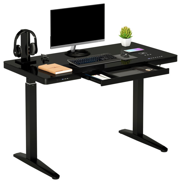 Techni Mobili Black Adjustable Height Desk w/ storage, speaker ...
