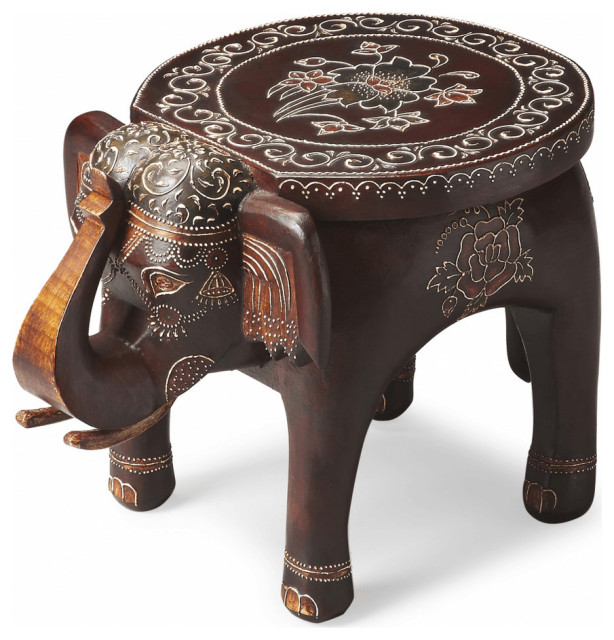 15" Warm Brown Hand Painted Floral 3D Elephant End Table ...