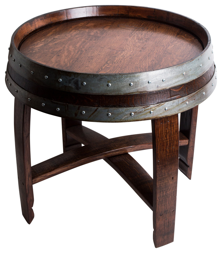 Banded Wine Barrel Side Table With Cross-Braces, Red Mahagony Finish ...