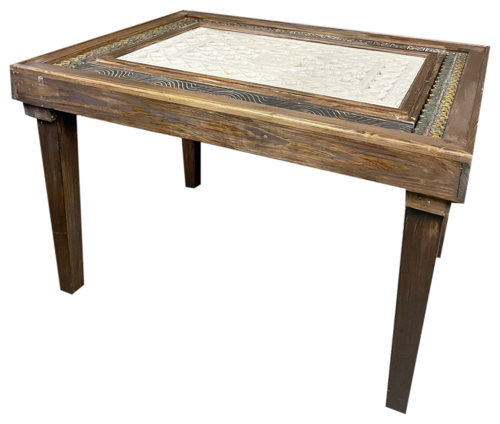 Consigned Antique Door Office Desk Table, Carved Distressed Stone ...