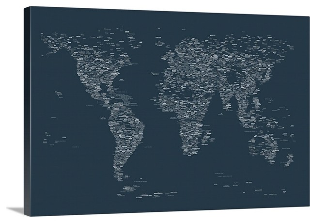 City Names World Map Wrapped Canvas Art Print, 36"x24" - Contemporary ...