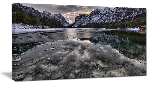 "Black Icy Mountain Lake With Snow" Landscape Wall Art, 32"x16 ...