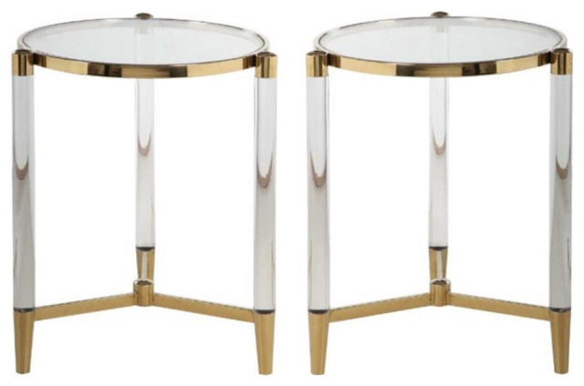 Home Square 20" Round Tempered Glass Lamp Table in Clear & Brass - Set ...