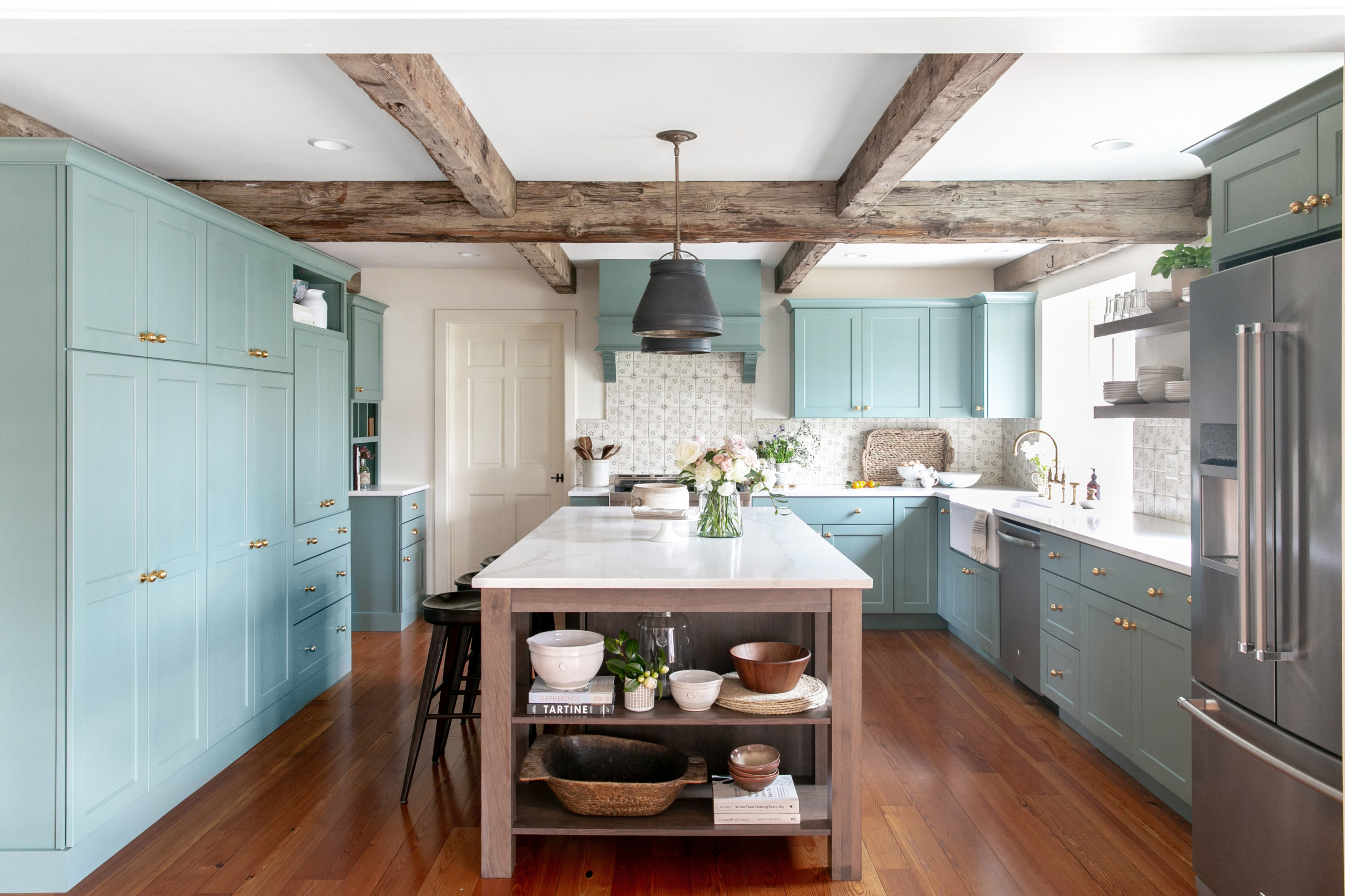 Green Blue Kitchen Cabinets Pantry Solid Wood Handleless Pantry Blue