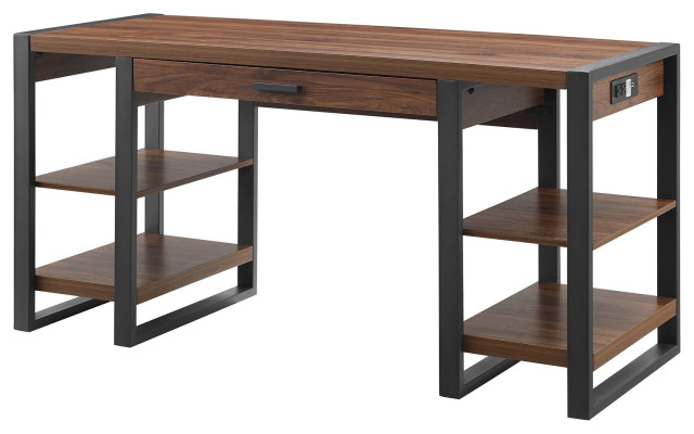 Modern Desk, Drawer With Side Open Shelves With Charging Station ...