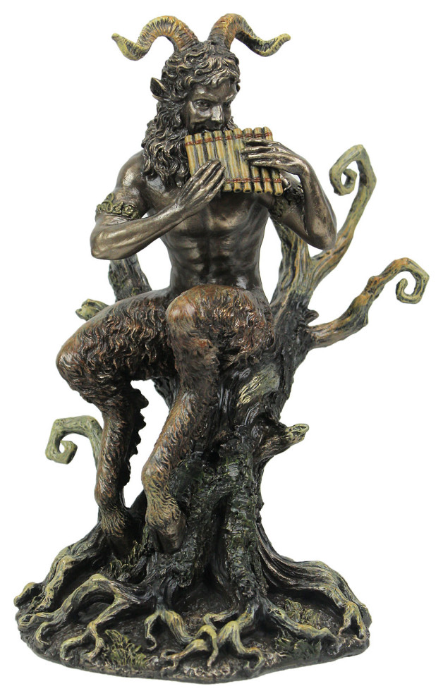 Bronzed Finish Greek Mythology Faun Pan Playing Flute In Forest Statue ...