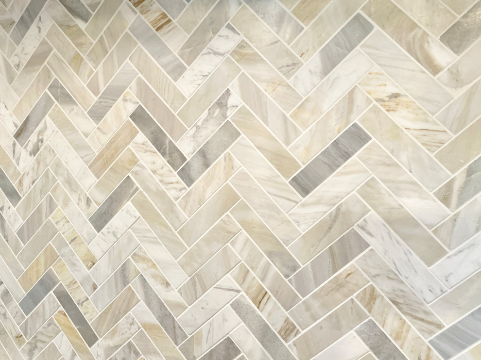 Cherry Finish and Ivory Painted Kitchen Design With Herringbone Wall ...