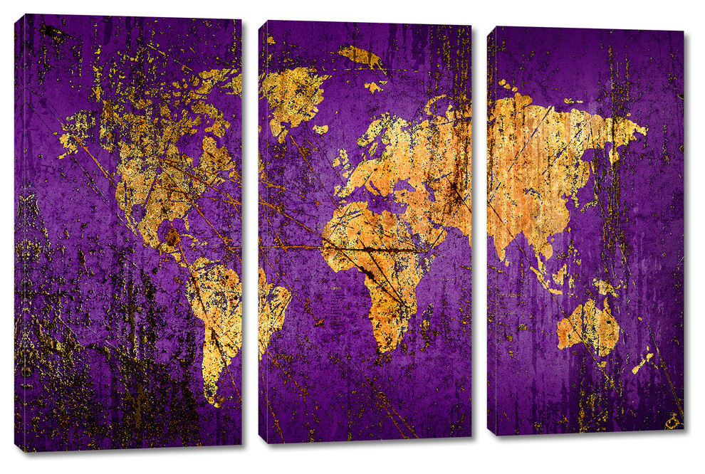 Abstract Ksu-Purple World Map Canvas Print, 3 Panel Split, Triptych ...