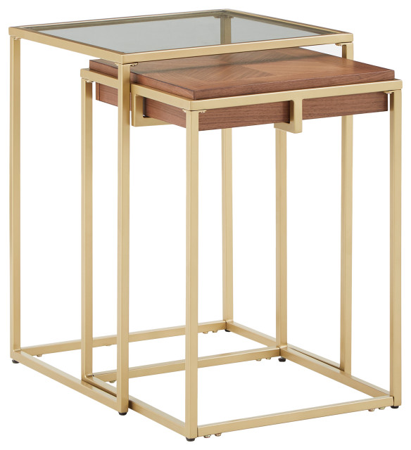 Raleigh Natural Finish Tempered Glass Top Nesting Tables with Gold ...